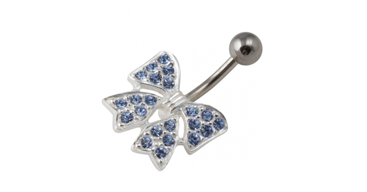 Light Blue Strass 925 Silver & 316L Steel Bowtie Belly Bar Navel Button ...