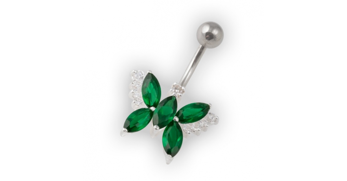 Dark Green Pebble Stones Butterfly Belly Bar Navel Button Ring in 925 ...