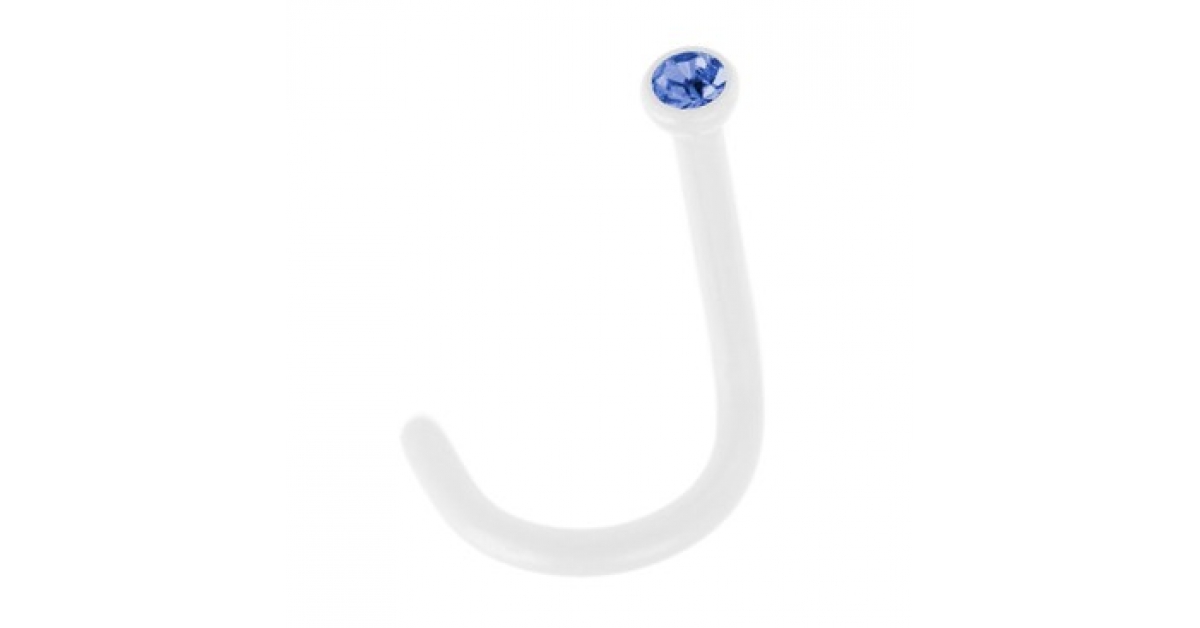 White Flexible Bioflex Nose Stud Screw Ring w/ Dark Blue Strass