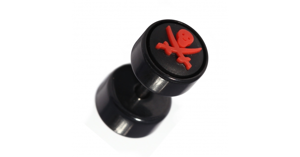 Piercing Oreja barato Falso Dilatador Negro Logo Caucho Pirata Rojo