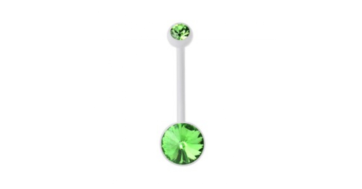 Piercing Nombril Bioflex Blanc Lait Barre 19 mm Deux Strass Vert