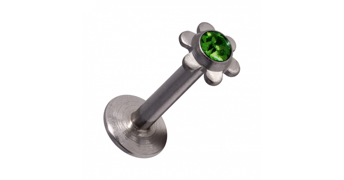 Piercing Lèvre / Labret Push-Fit Acier 316L Fleur Strass Vert Foncé