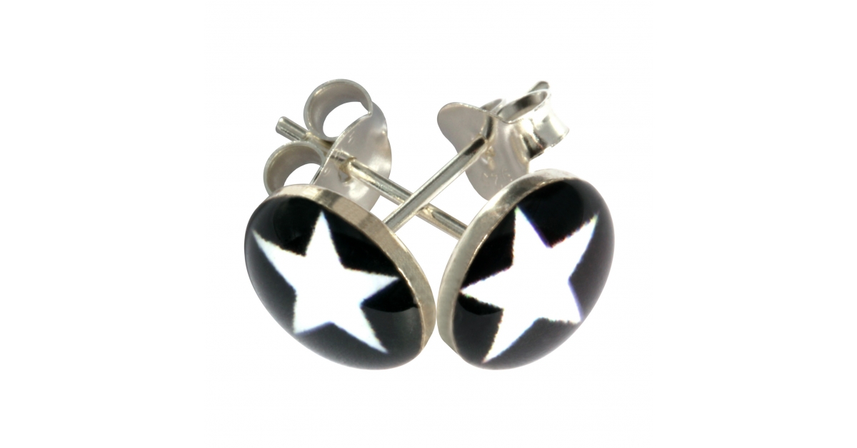 Pendientes Plata de Ley 925 Logo Estrella Blanco / Negro