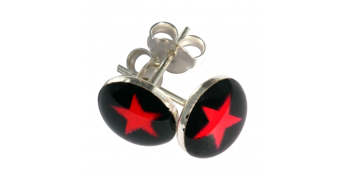 Pendientes Plata de Ley 925 Logo Estrella Rojo / Negro