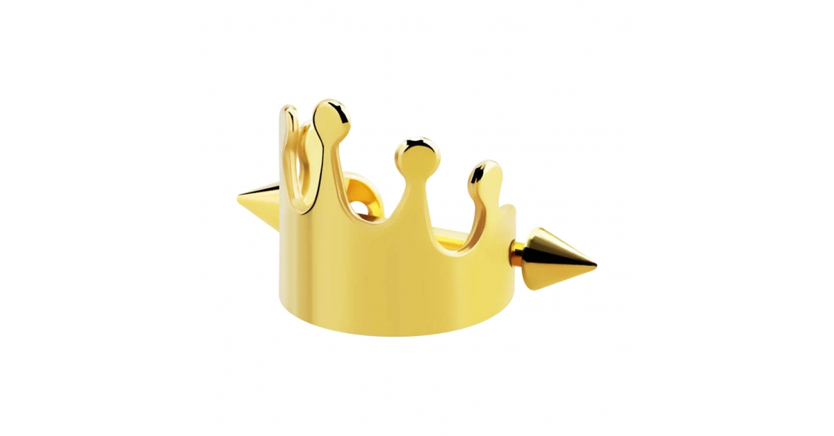 Gold Anodized Crown Helix Piercing Jewel Ring w/ Two Spikes