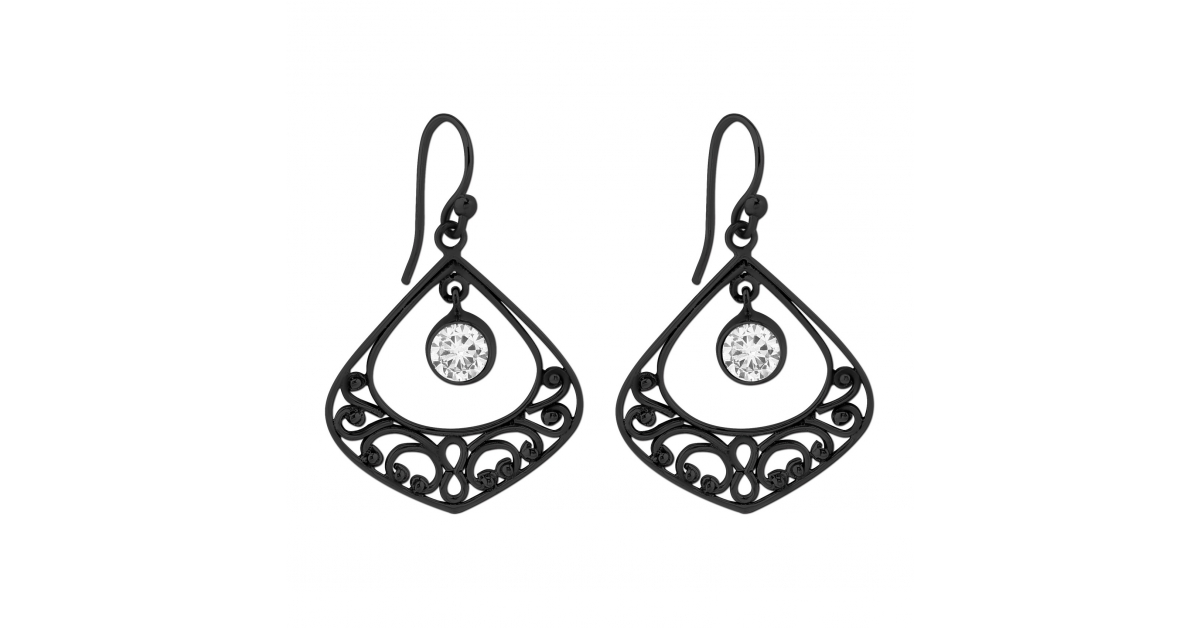 Rounded Lozenge Contour Black Hanging Earrings Ear Pair w/ Hanging ...