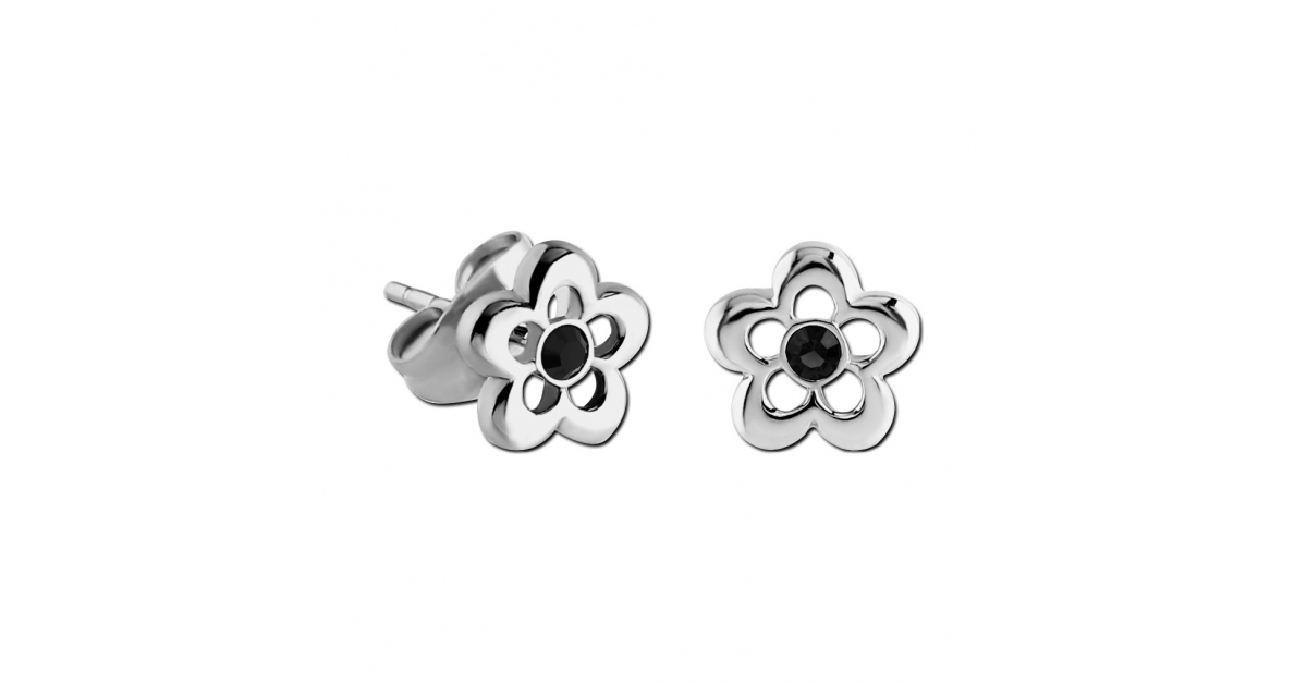 Ohrring Kind 925 Sterlingsilber Kontur Blume Strass Schwarz