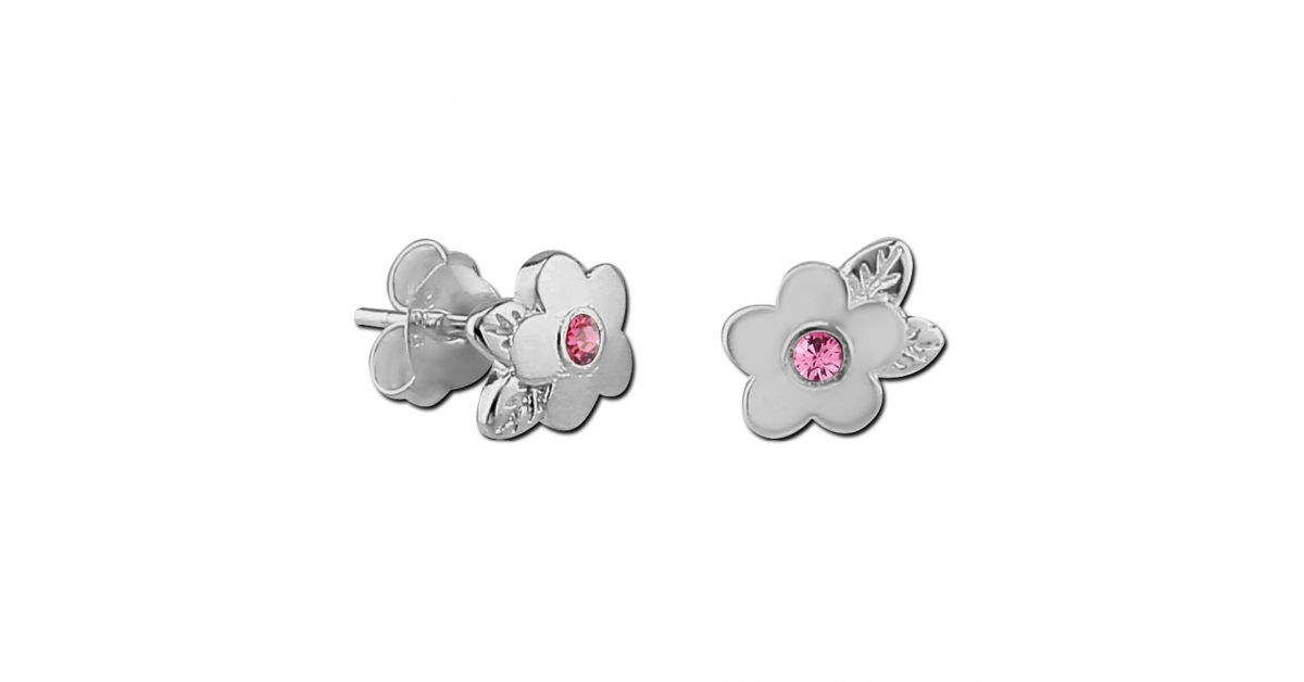 Ohrring Kind 925 Sterlingsilber Blume Strass Rosa Zwei Blätter