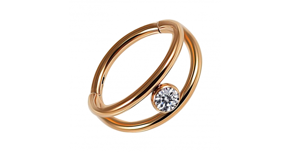 Piercing Anillo Clicker Dos Barras Anodizado Rosa Dorado Strass Blanco